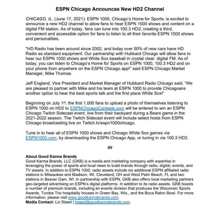 ESPN Chicago Announces New HD2 Channel - Good Karma Brands